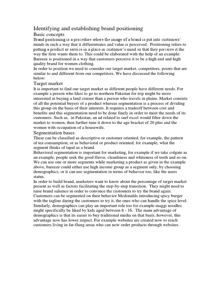Identifying And Establishing Brand Positioning Pdf Market