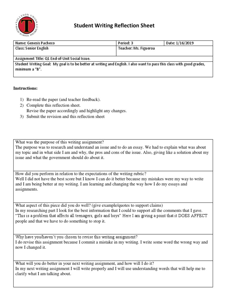 q1 End of Unit Reflection | PDF