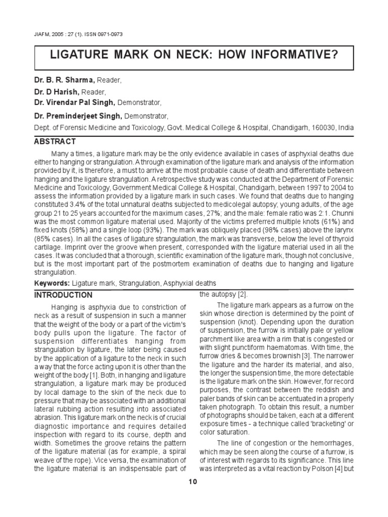 Ligature Mark On Neck: How Informative?: Dr. B. R. Sharma, Dr. D Harish ...