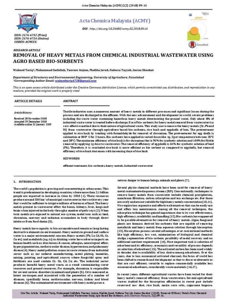 Removal of Heavy Metals From Chemical Industrial Wastewater Using Agro Based Bio-Sorbents | PDF ...