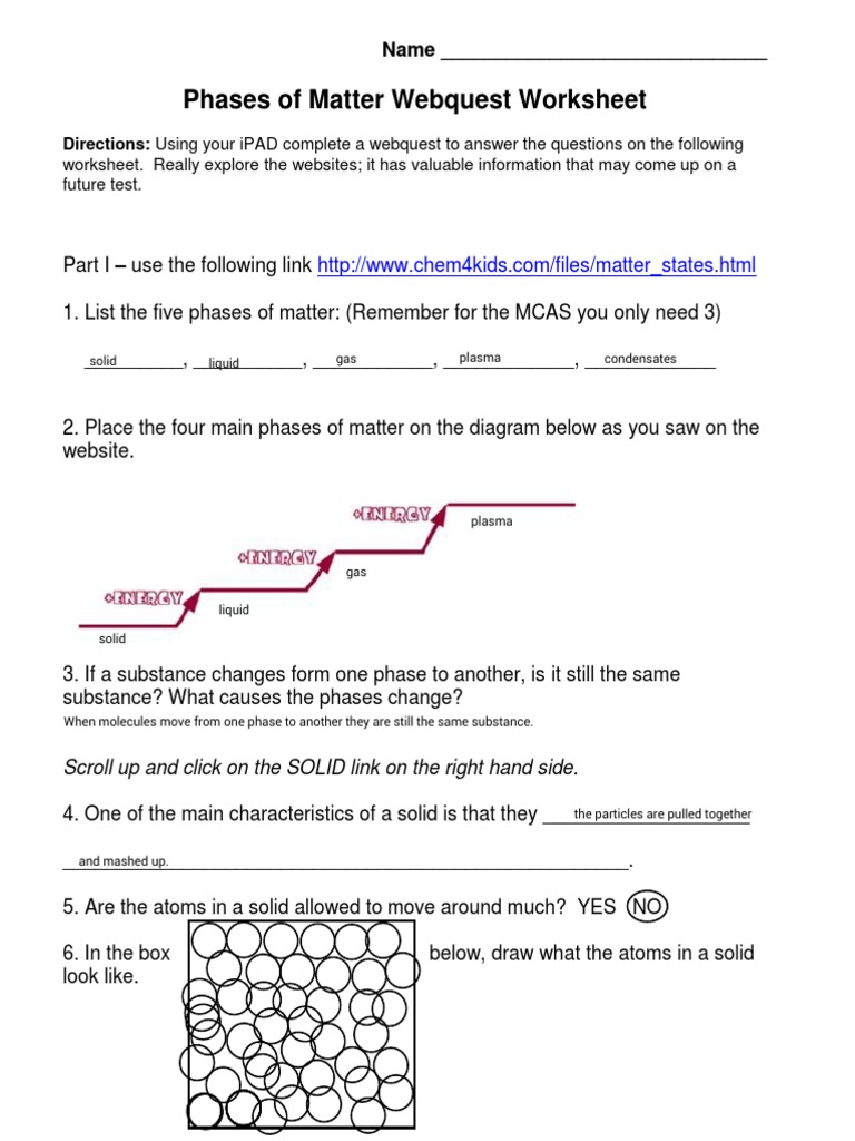 Nicky - Phases of Matter Webquest Worksheet | PDF | Liquids | Phase ...