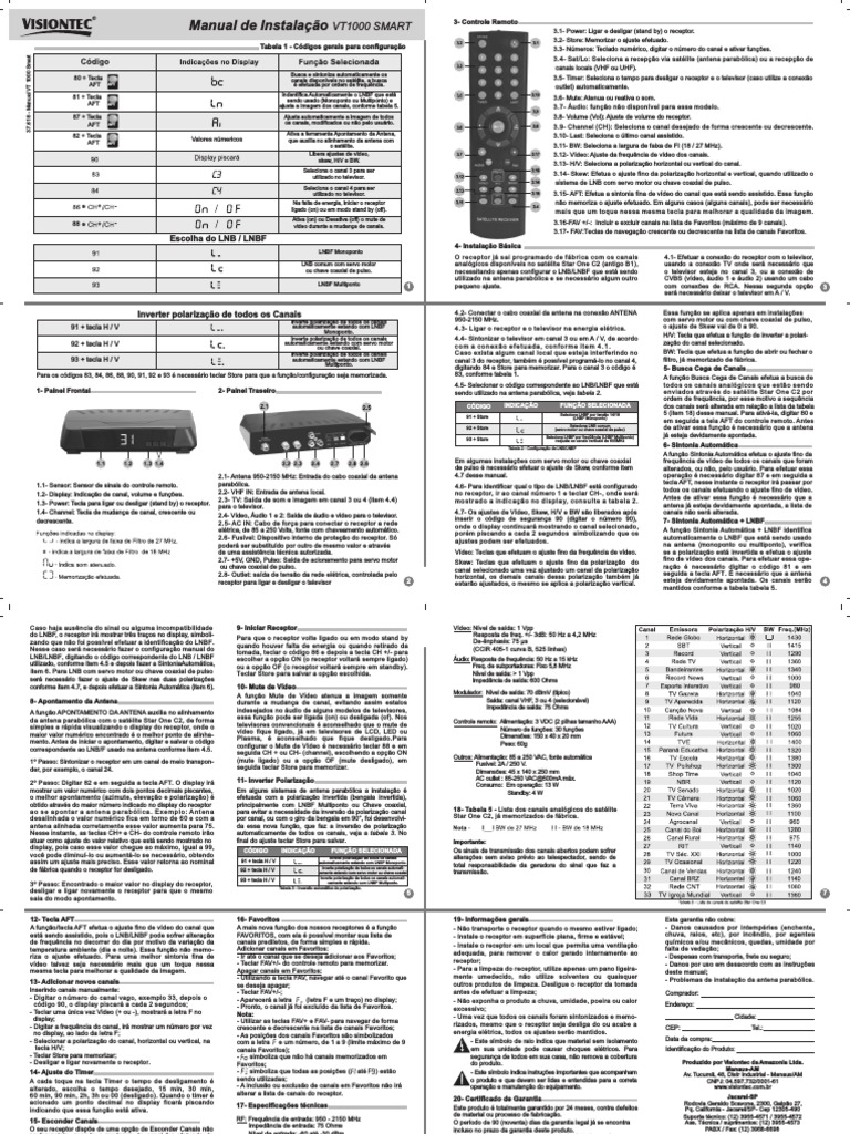 Manual de Instalação Receptor VT1000 SMART | PDF | Polarização (ondas ...