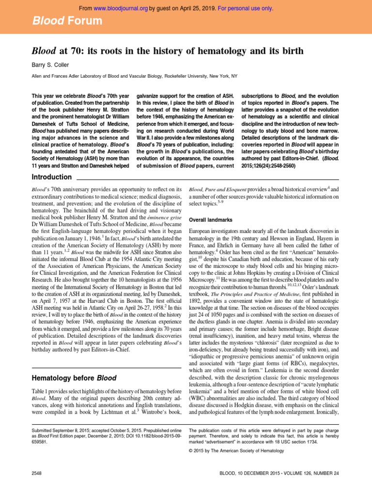 Blood Forum: Blood at 70: Its Roots in The History of Hematology and ...