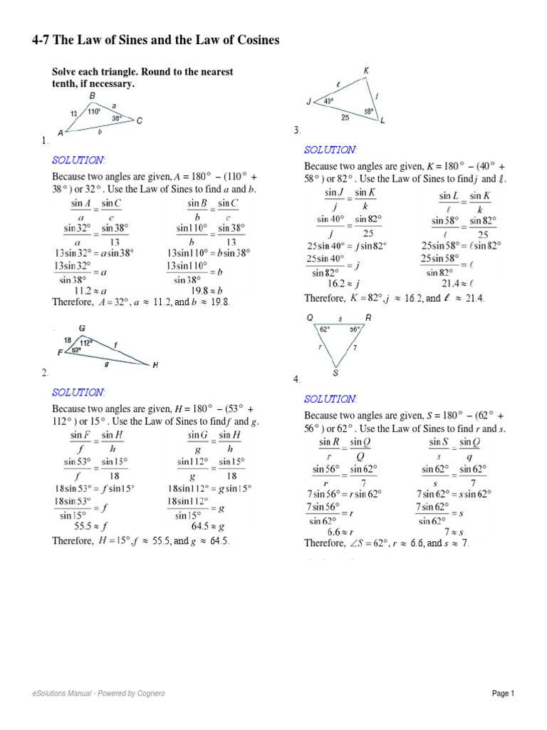 4-7 The Law of Sines and The Law of Cosines PDF | PDF | Trigonometric ...