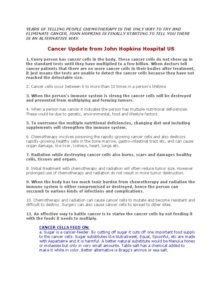 Cancer Update From John Hopkins Hospital US | PDF | Chemotherapy | Cancer
