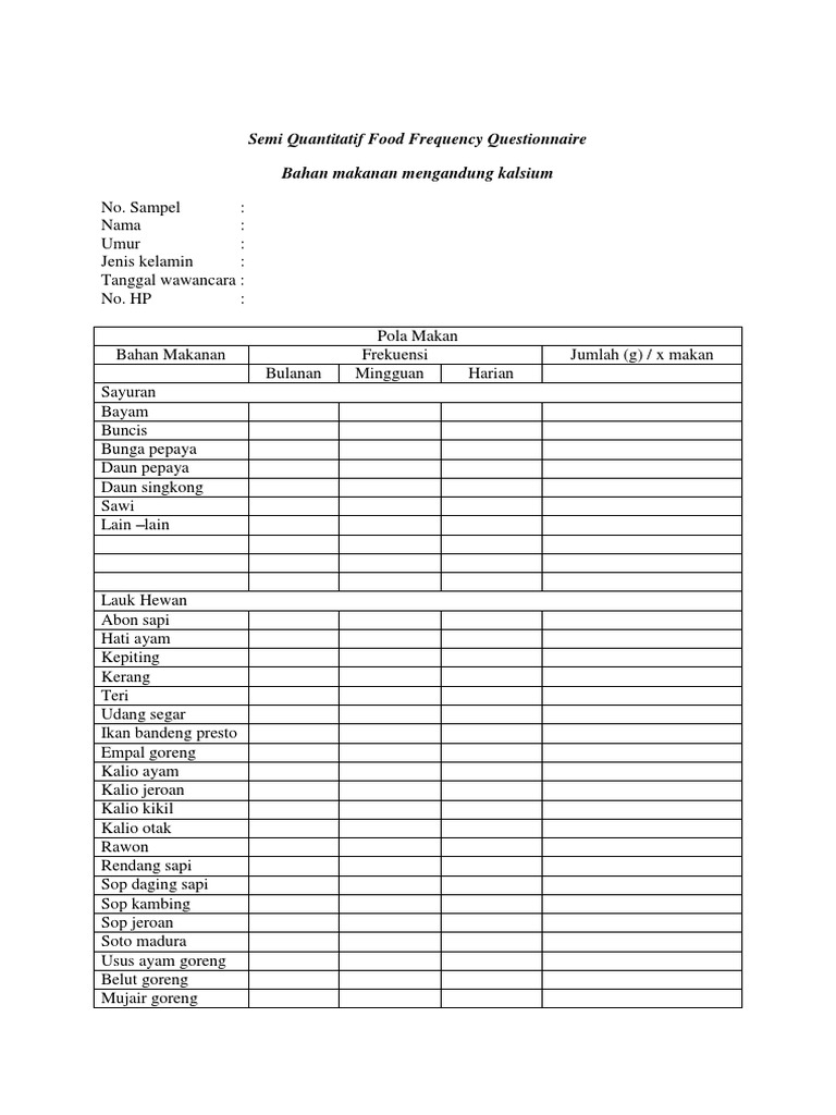 SQ FFQ Kalsium | PDF