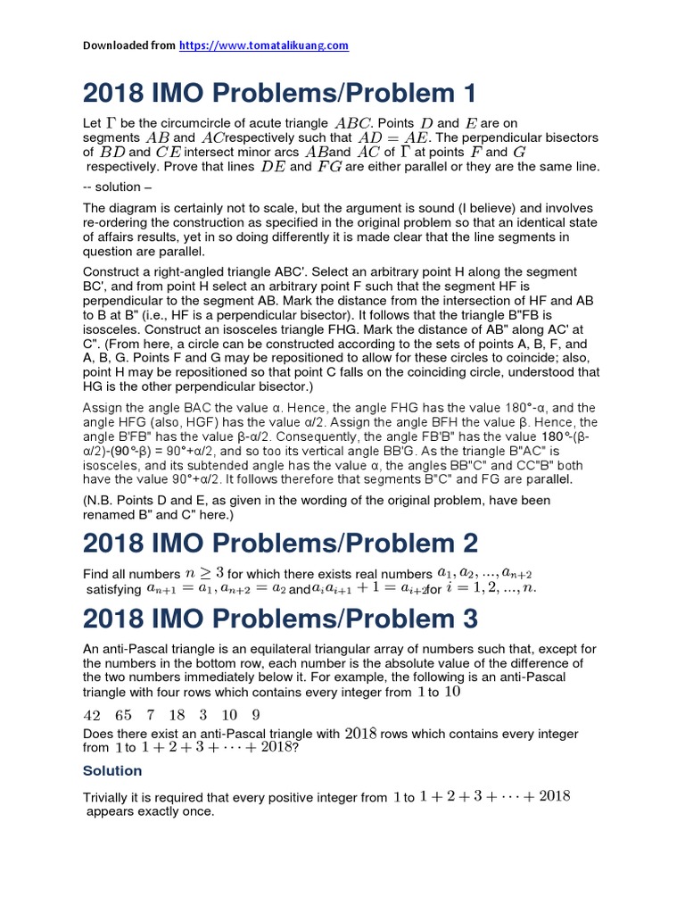 2018 IMO Problems and Solutions | PDF | Triangle | Classical Geometry
