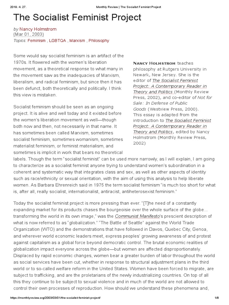 Nancy Holmstrom (2003) - The Socialist Feminist Project - Monthly ...