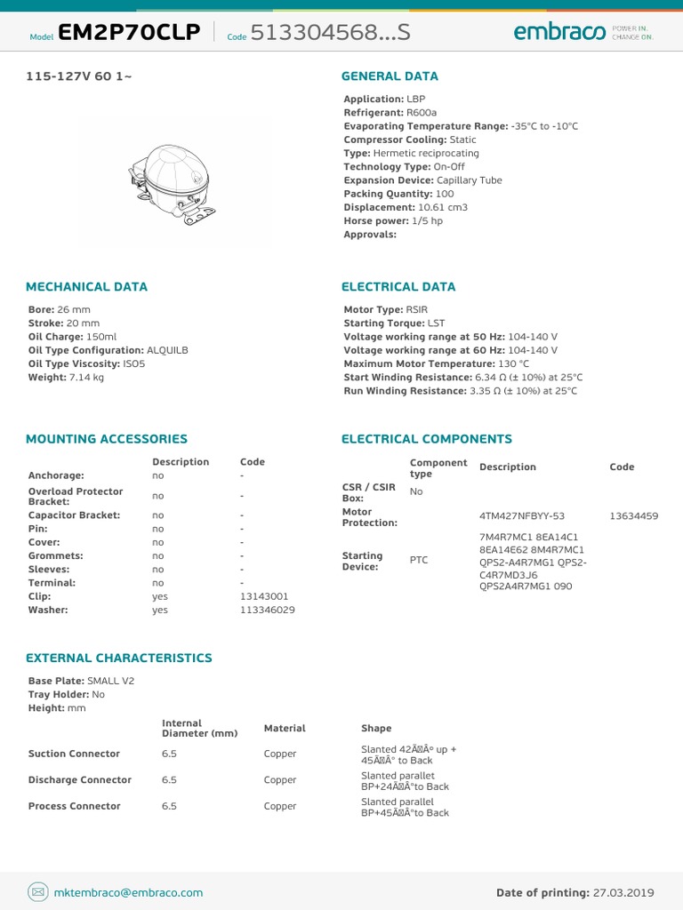 EM2P70CLP Compressor Technical Data | PDF | Air Conditioning | Evaporation