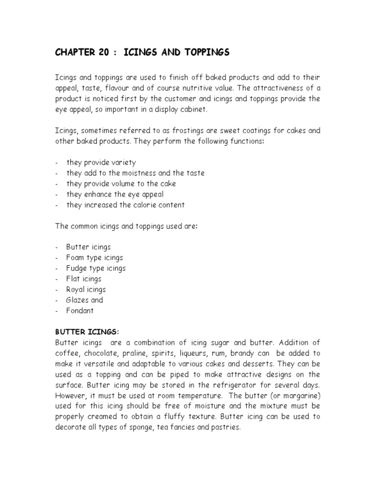 CHAPTER 20 Icings and Toppings | PDF | Icing (Food) | Cakes