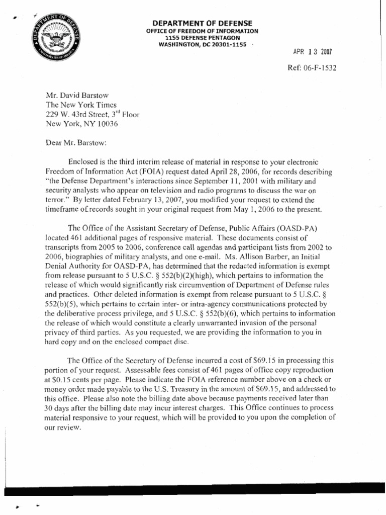 13 Apr 07 Response Letter | PDF | Freedom Of Information Act (United ...