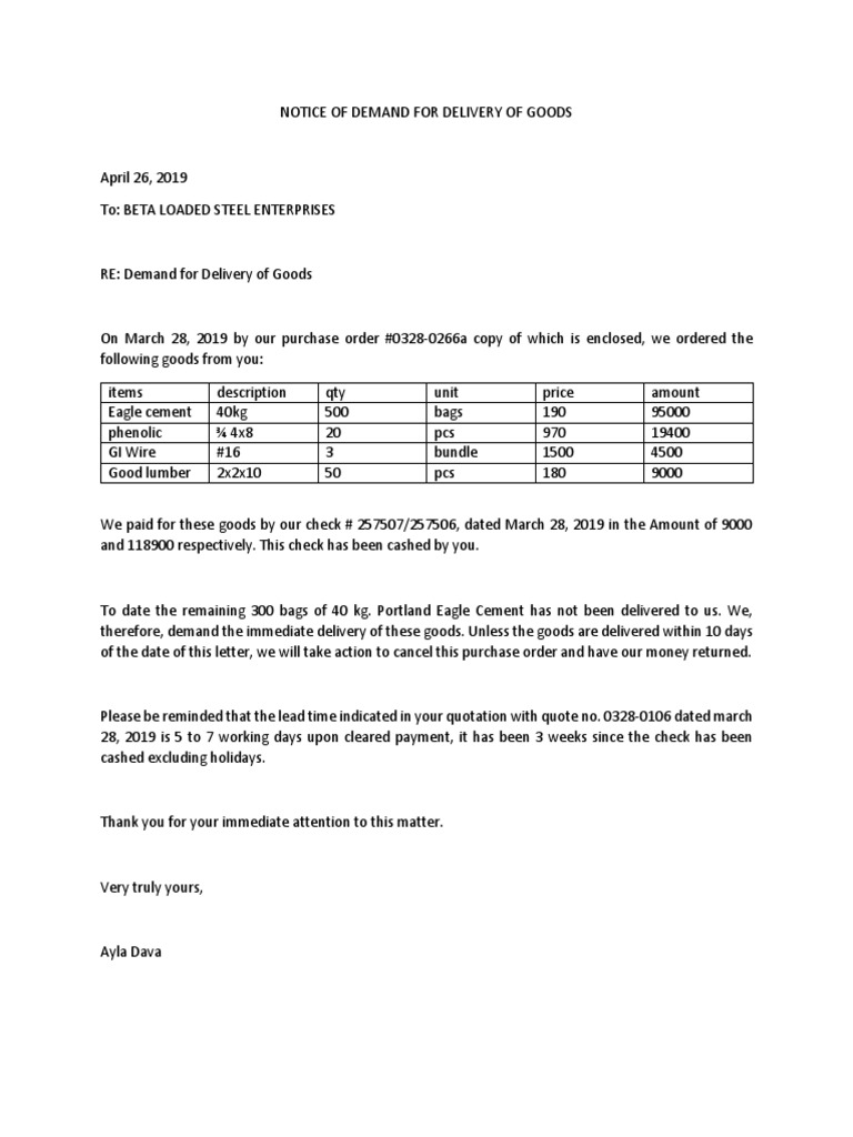 Notice of Demand For Delivery of Goods | PDF