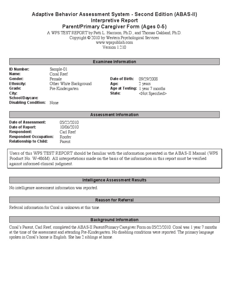 ABAS II Parent (0 5) Sample Test Report | PDF | Psychology ...