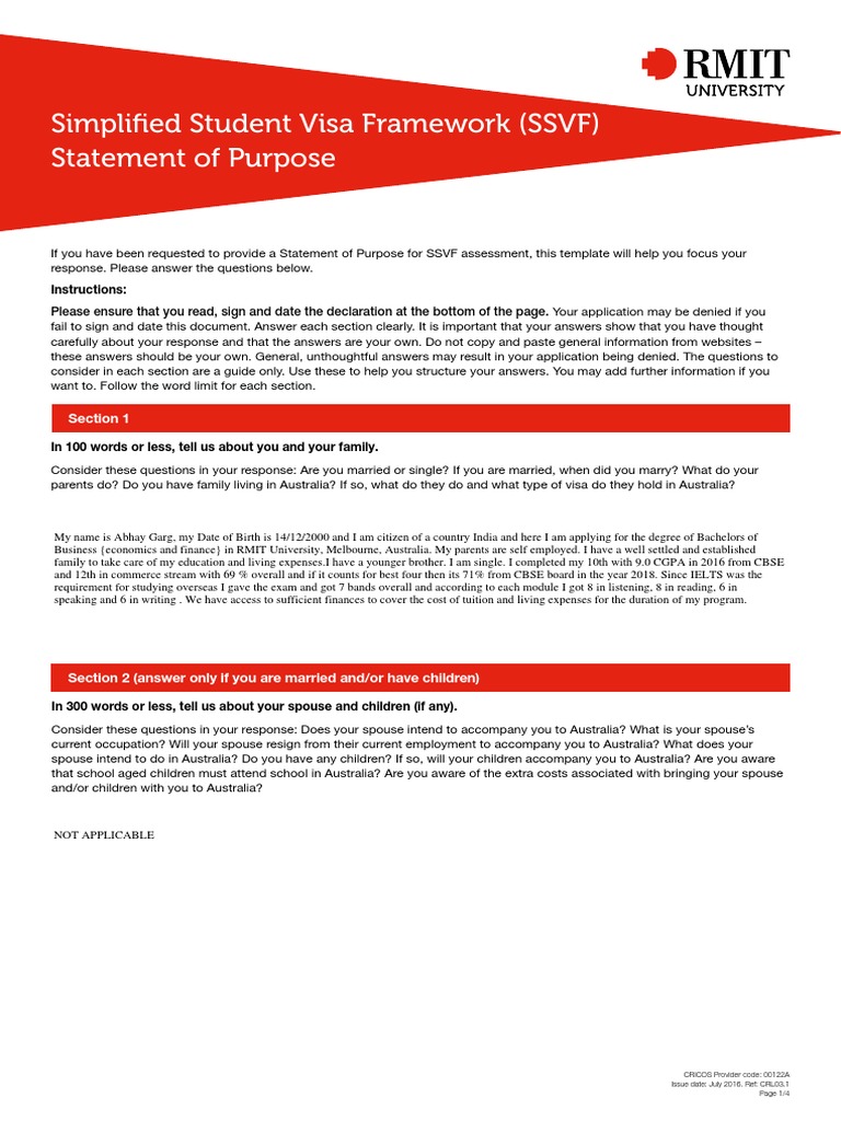 RMIT Statement of Purpose For SSVF Assessment 1 | PDF | Academic Degree ...