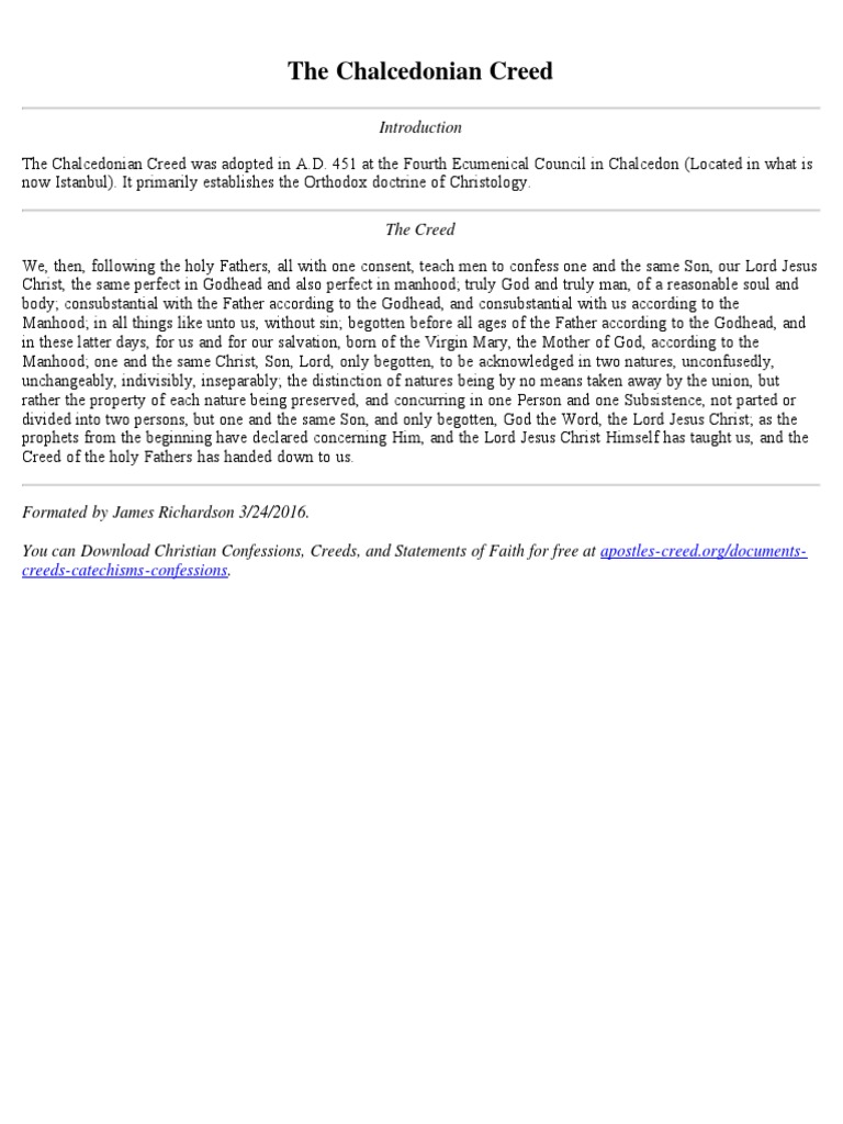 The Chalcedonian Creed: Creeds-Catechisms-Confessions | PDF | Religion ...