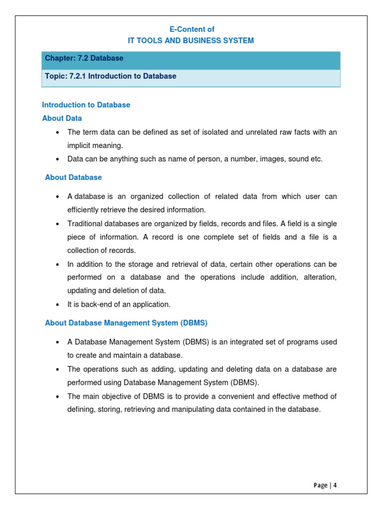 Chapter: 7.2 Database Topic: 7.2.1 Introduction To Database: E-Content ...