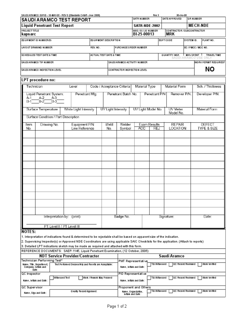 Saudi Aramco Test Report: Liquid Penetrant Test Report Mech-Nde Kapsarc ...