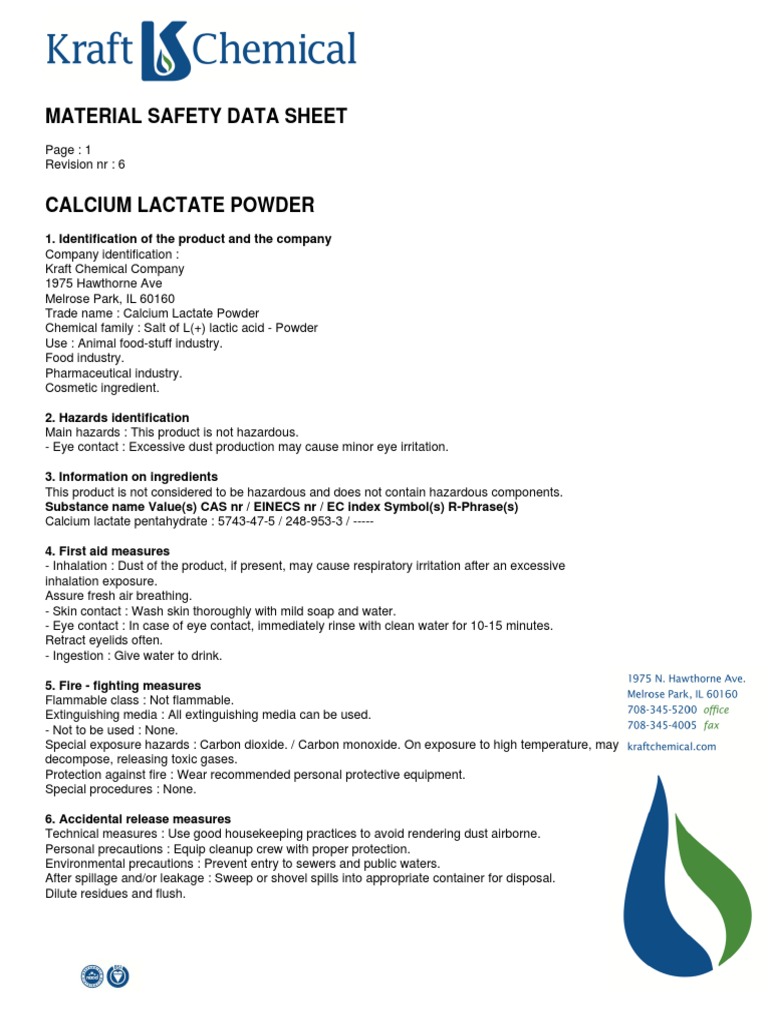 Calcium Lactate Msds | PDF | Solubility | Carbon