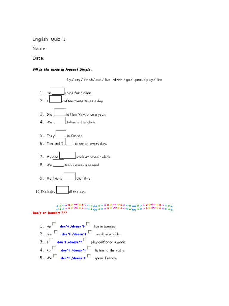 Present Simple Verb Quiz | PDF | Foreign Language Studies