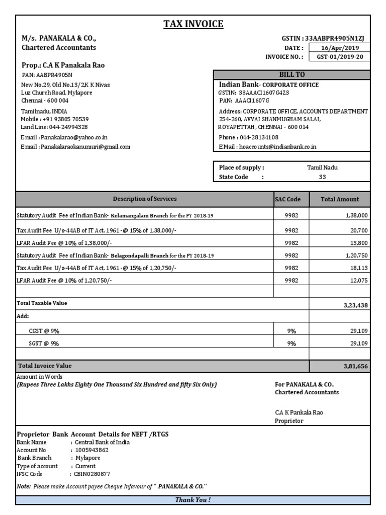 Tax Invoice: M/S. Panakala & Co., Chartered Accountants Prop.: C.A K ...