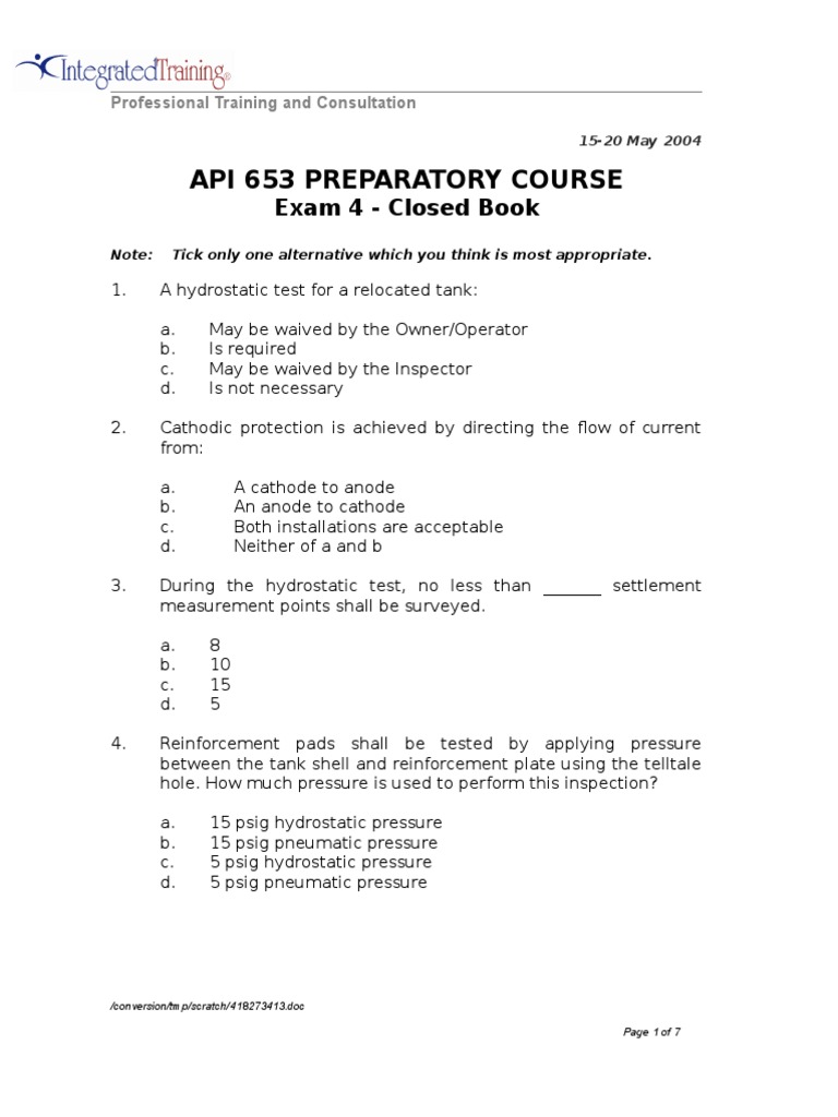 API 653 PC 15may04 Exam 4 Closed | PDF | Fracture | Materials