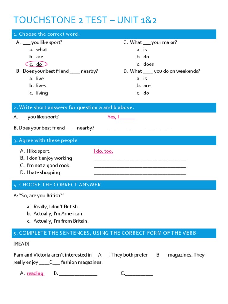 Touchstone 2 Test - Unit 1&2: 1. Choose The Correct Word | PDF