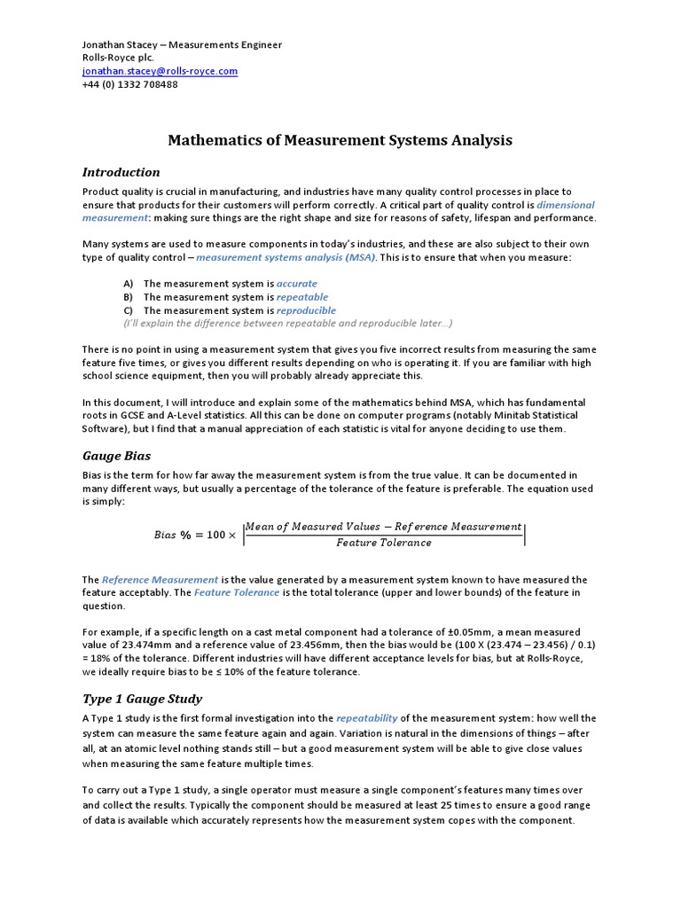 Mathematics of Measurement Systems Analysis | PDF | Engineering ...