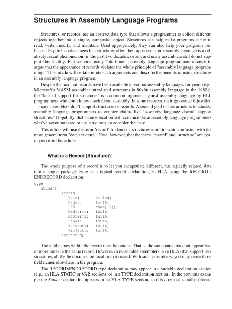 Structures in Assembly Language Programs: What Is A Record (Structure) ? | PDF | Array Data ...