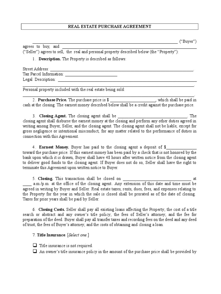 Real Estate Purchase Agreement | PDF | Title Insurance | Real Estate Broker