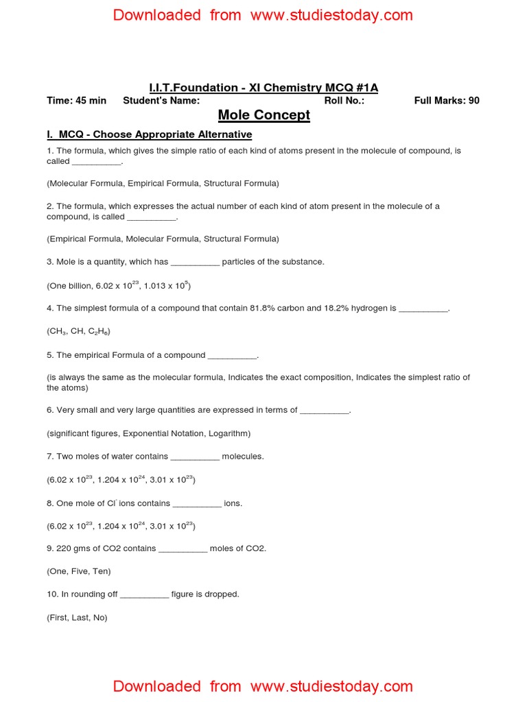 Class 11 Mole Concept MCQs | PDF | Molecules | Mole (Unit)