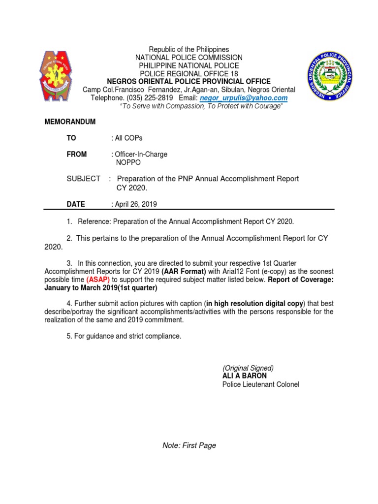 Preparation of The PNP Annual Accomplishment Report | PDF | Virtue ...