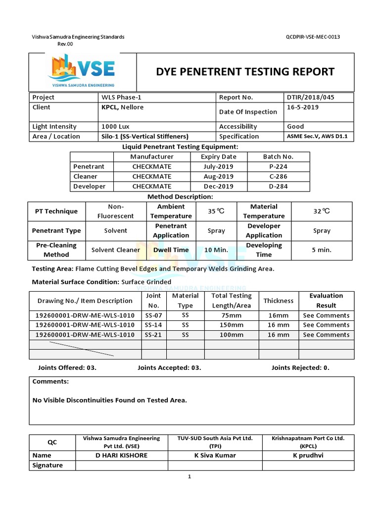 Dye Penetrant Testing Report for WLS Phase-1 | PDF | Business Process ...