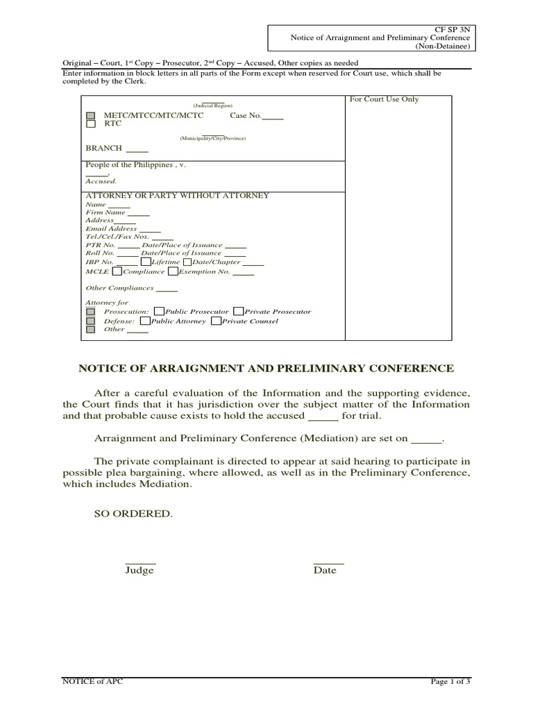 CF SP 3N Notice of APC Non-Detainee | PDF | Arraignment | Prosecutor