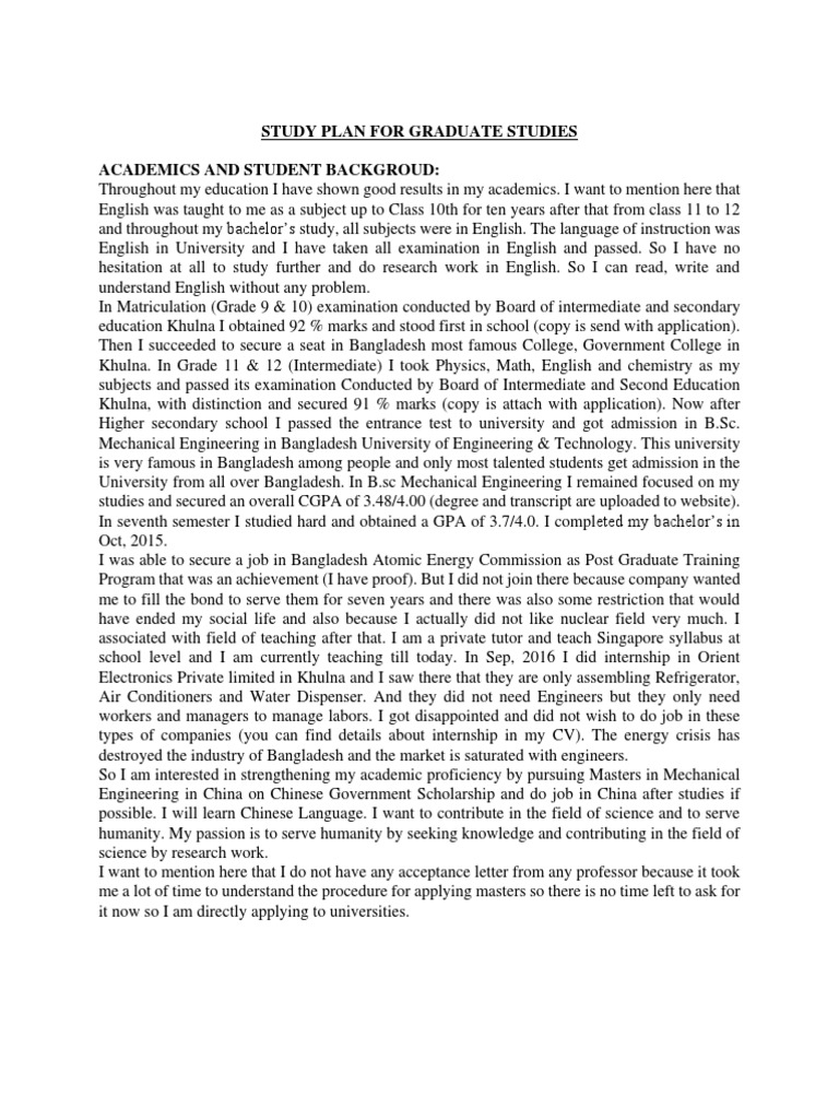 Graduate Study Plan for Mechanical Engineering | PDF | University And ...