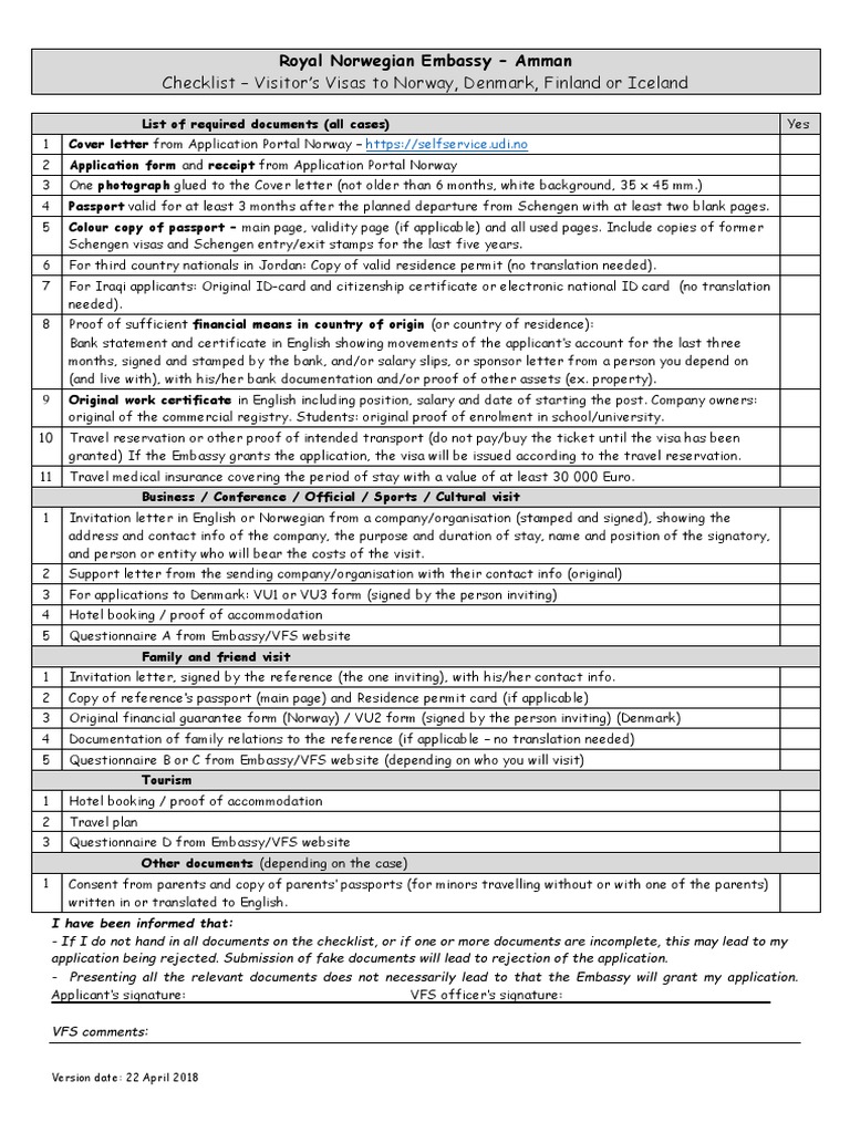 Checklist - Visitor's Visas To Norway, Denmark, Finland or Iceland ...