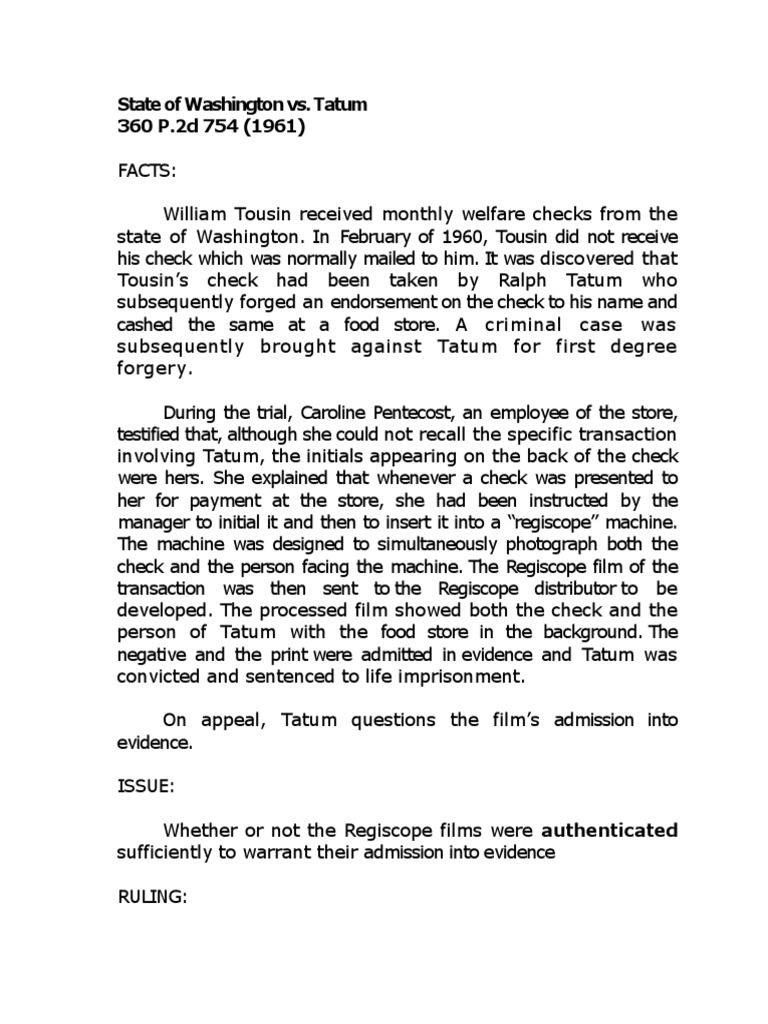AUTHENTICATION AND PROOF OF DOCUMENTS State of Washington Vs Tatum ...