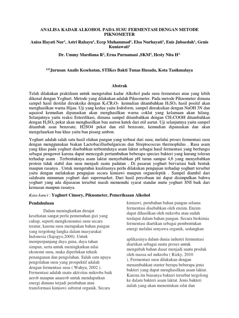 ANALISA KADAR ALKOHOL PADA SUSU FERMENTASI DENGAN METODE PIKNOMETER | PDF