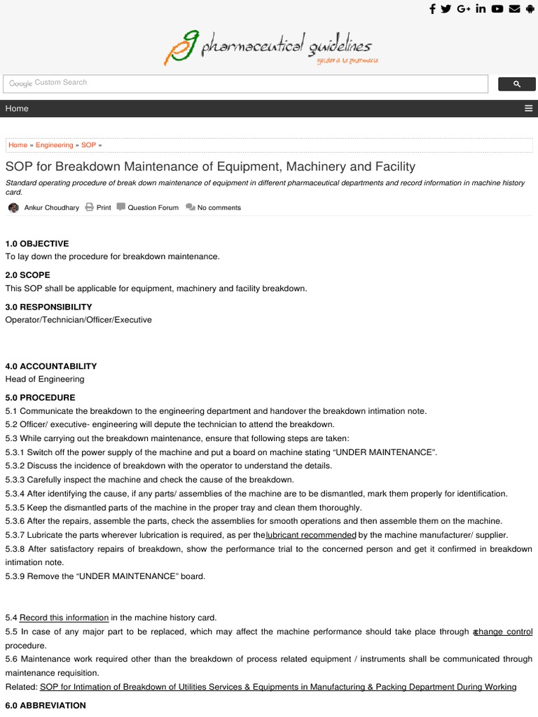 Sop For Procedure For Breakdown | PDF | Pharmaceutical Industry | Machines