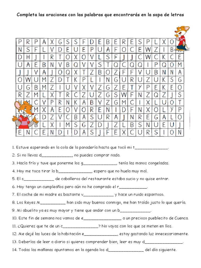 Completa Las Oraciones Con Las Palabras Que Encontrarás en La Sopa de ...