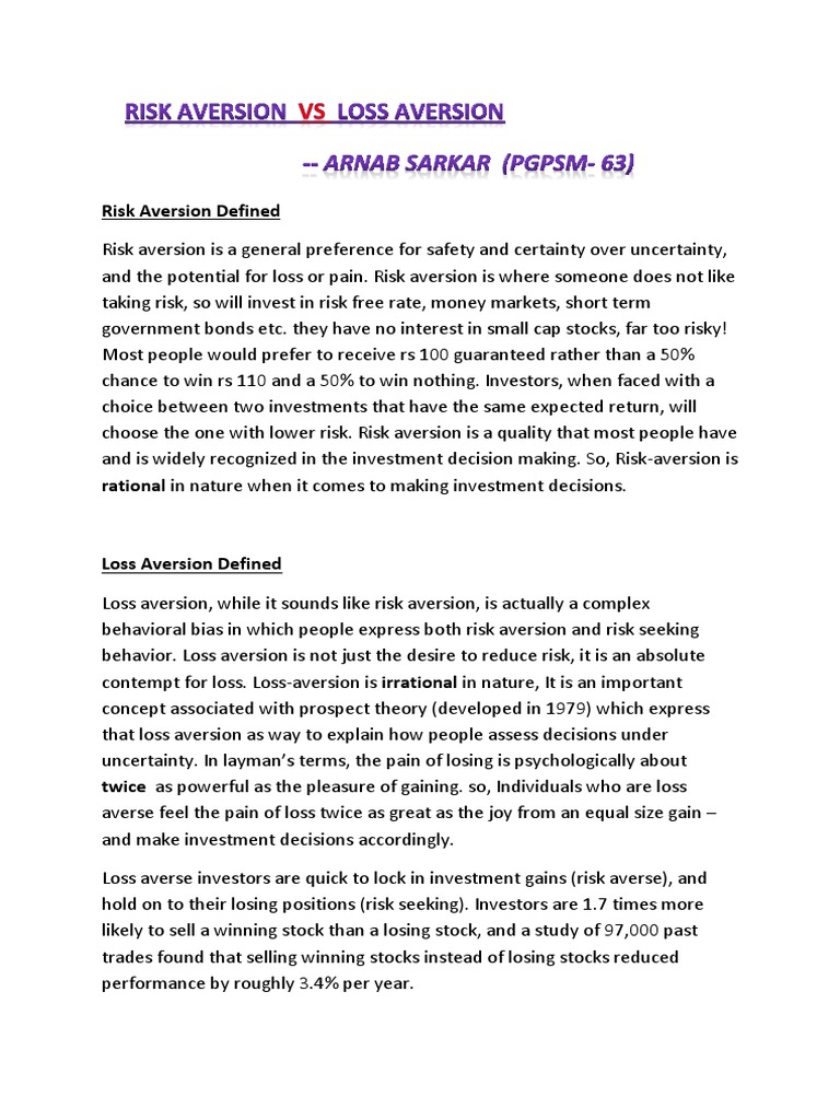 Risk Aversion Vs Loss Aversion | PDF | Risk Aversion | Risk