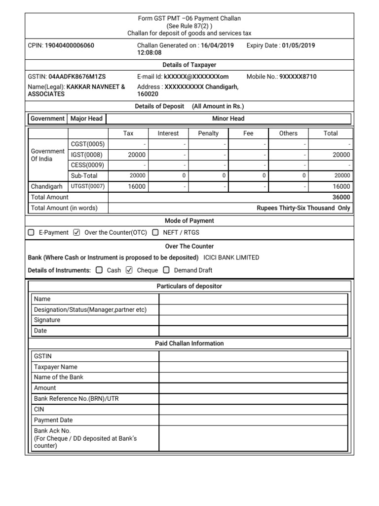 GST PMT-06 Payment Challan Details | PDF | Payments | Cheque
