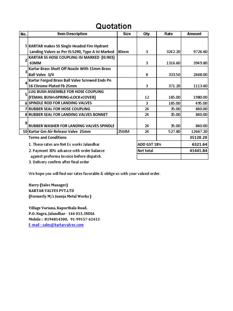 Quotation: No. Item Description Size Qty Rate Amount | PDF