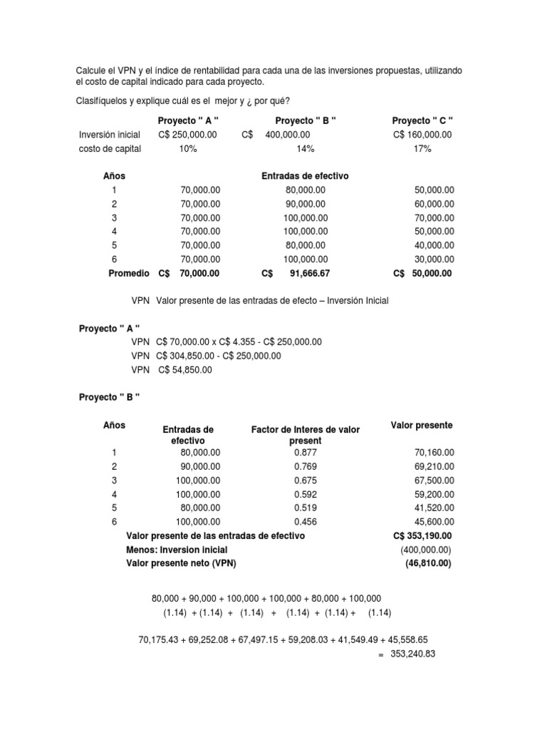 Calcule El VPN y El Índice de Rentabilidad para Cada Una de Las ...