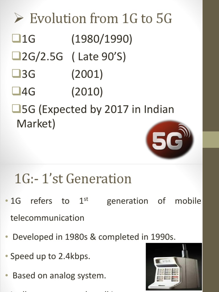 1G (1980/1990) 2G/2.5G (Late 90'S) 3G (2001) 4G (2010) 5G (Expected by 2017 in Indian Market ...