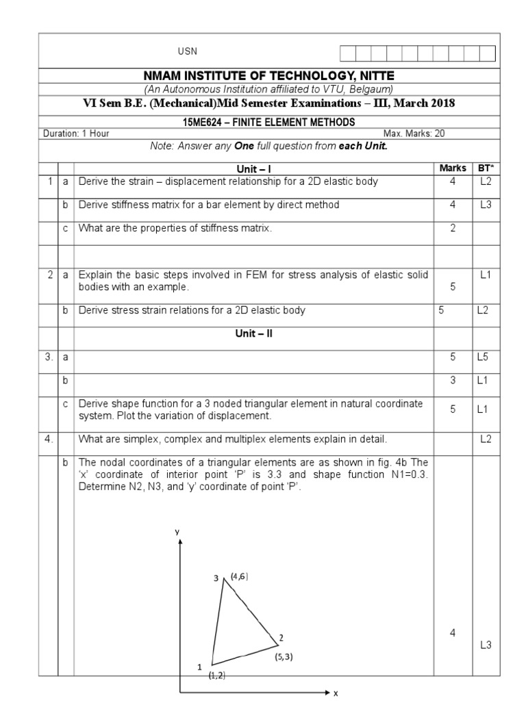 Nmam Institute of Technology, Nitte VI Sem B.E. (Mechanical) Mid ...