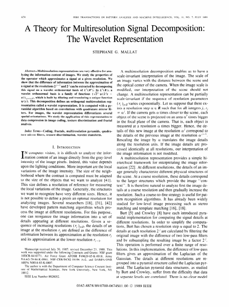 A Theory For Multiresolution Signal Decomposition: The Wavelet Representation | PDF | Wavelet ...