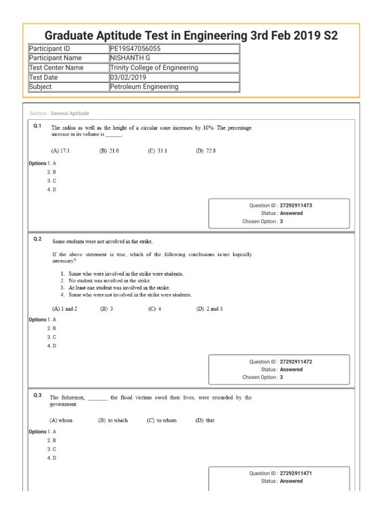 Graduate Aptitude Test in Engineering 3rd Feb 2019 S2 | PDF | Career ...