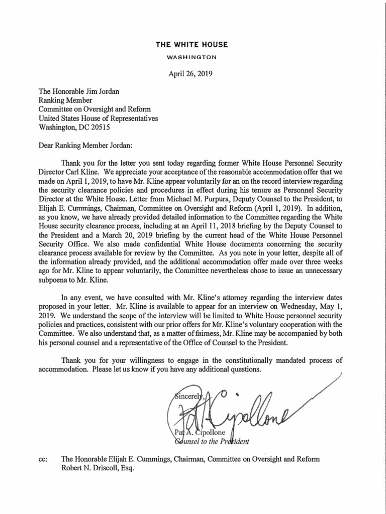 Response to Rep Jim Jordan of Oversight Committee From White House ...