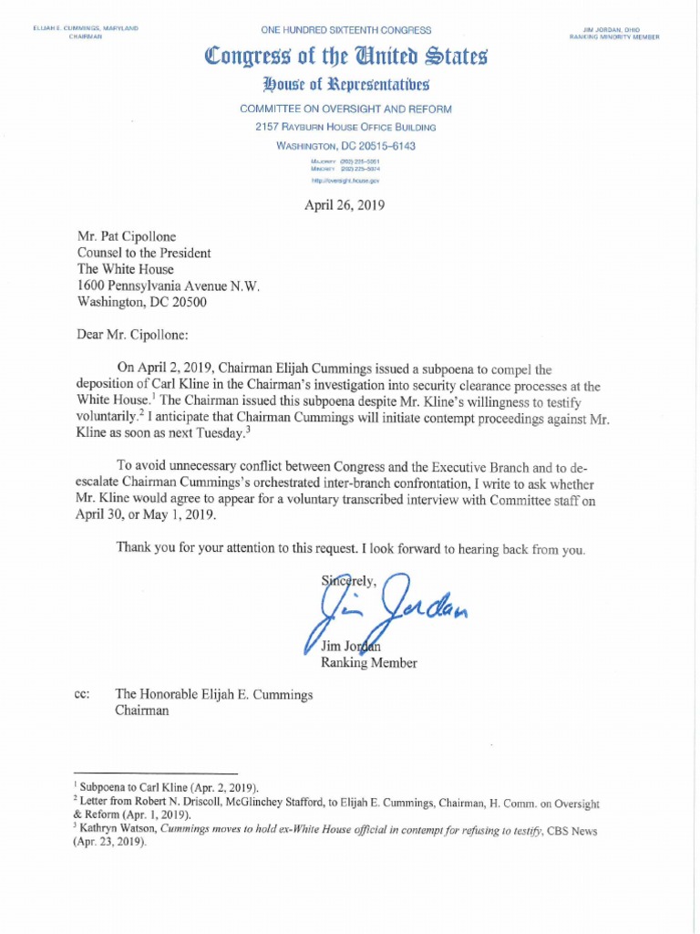 Letter From Rep Jim Jordan of the Oversight Committee to Pat Cipollone ...