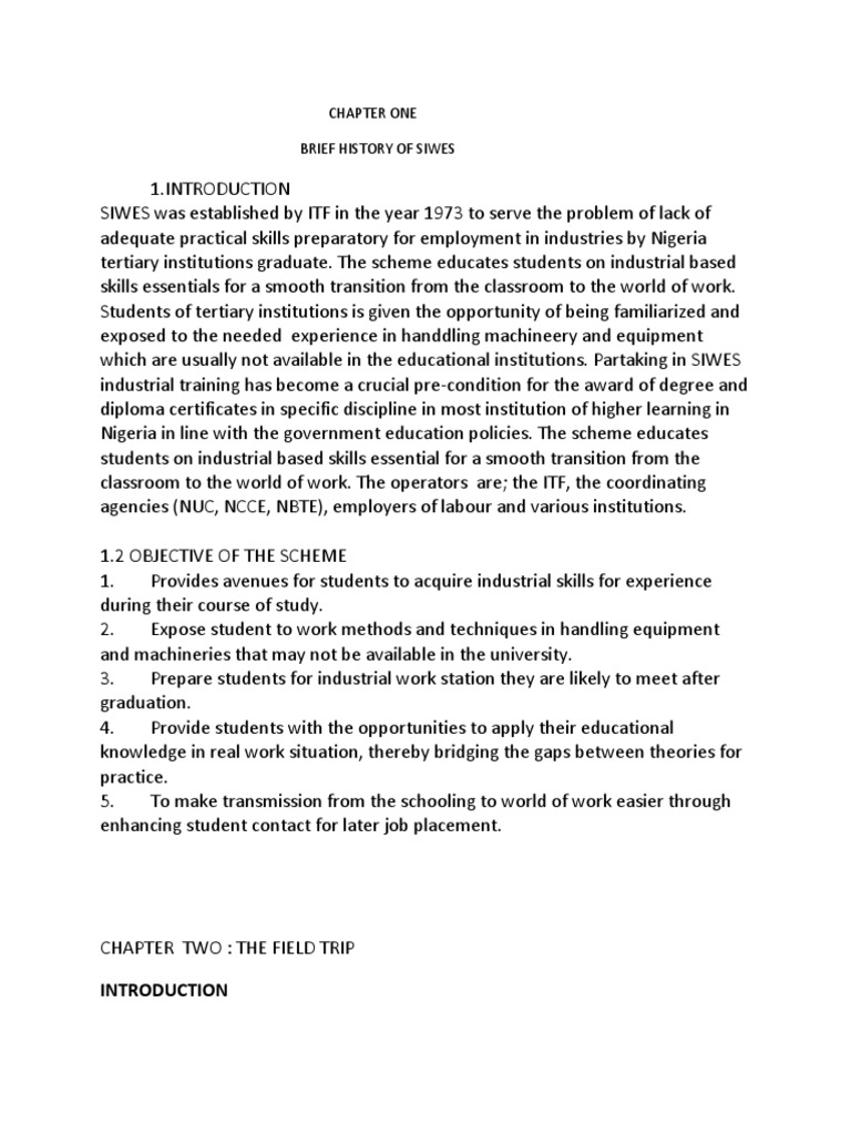 Chapter One Brief History of Siwes | PDF | Carbon Monoxide | Water Quality